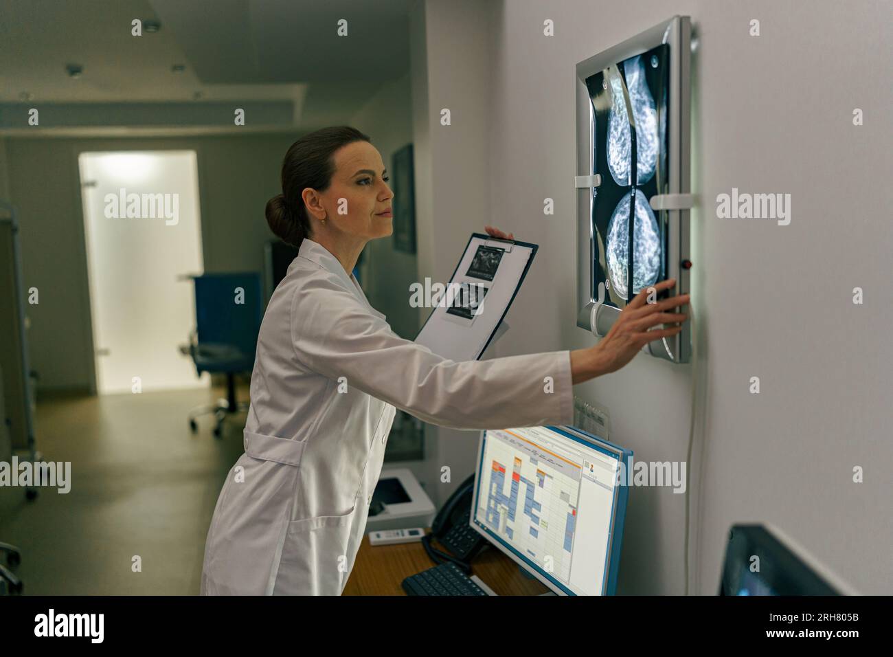 Female doctor neuroscientist analyzing brain scan MRI images in ...