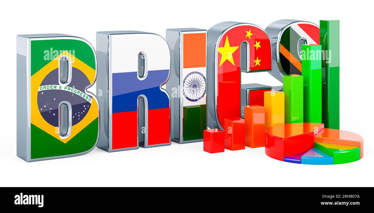 BRICS with growth bar graph and pie chart, 3D rendering isolated on ...