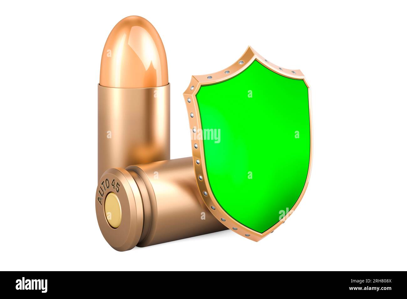 Pistol bullets with shield, 3D rendering isolated on white background ...
