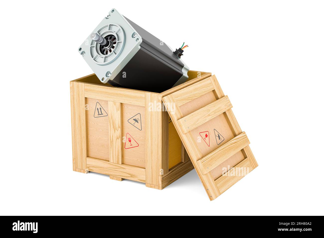 Stepper motor inside wooden box, delivery concept. 3D rendering ...