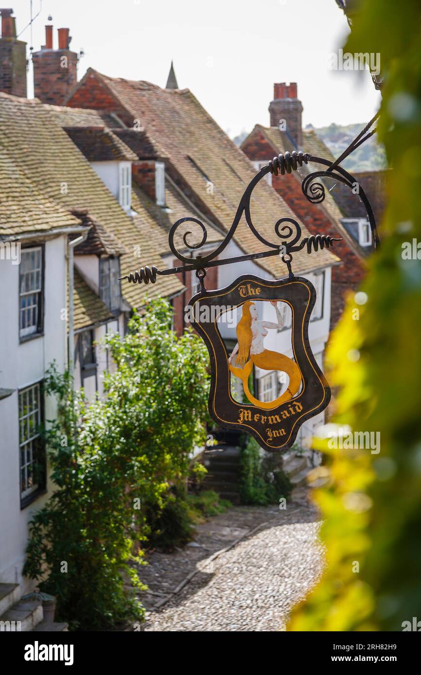 The name sign outside the ancient Mermaid Inn, a listed building, pub ...