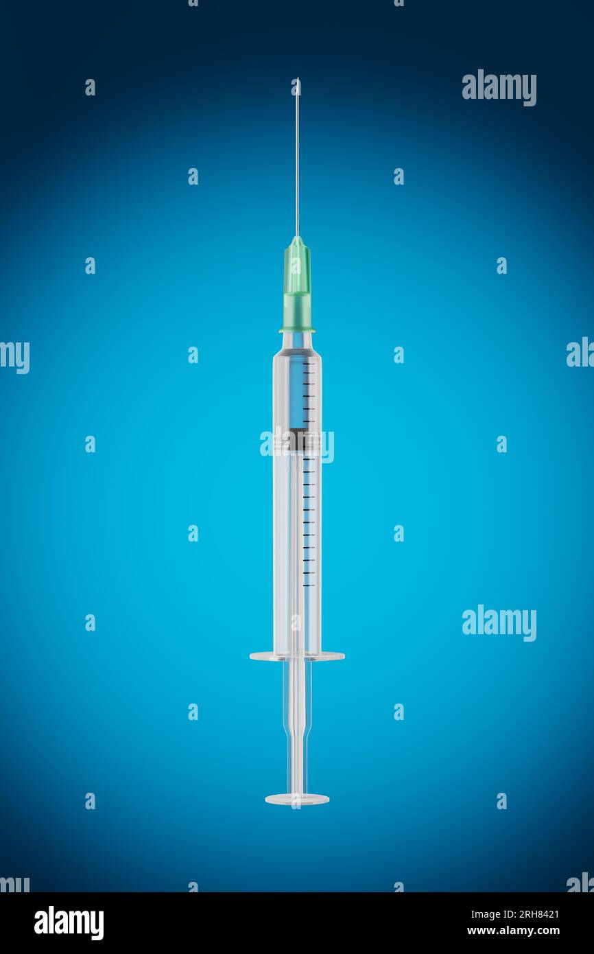 Disposable syringe filled with transparent liquid on a blue gradient ...