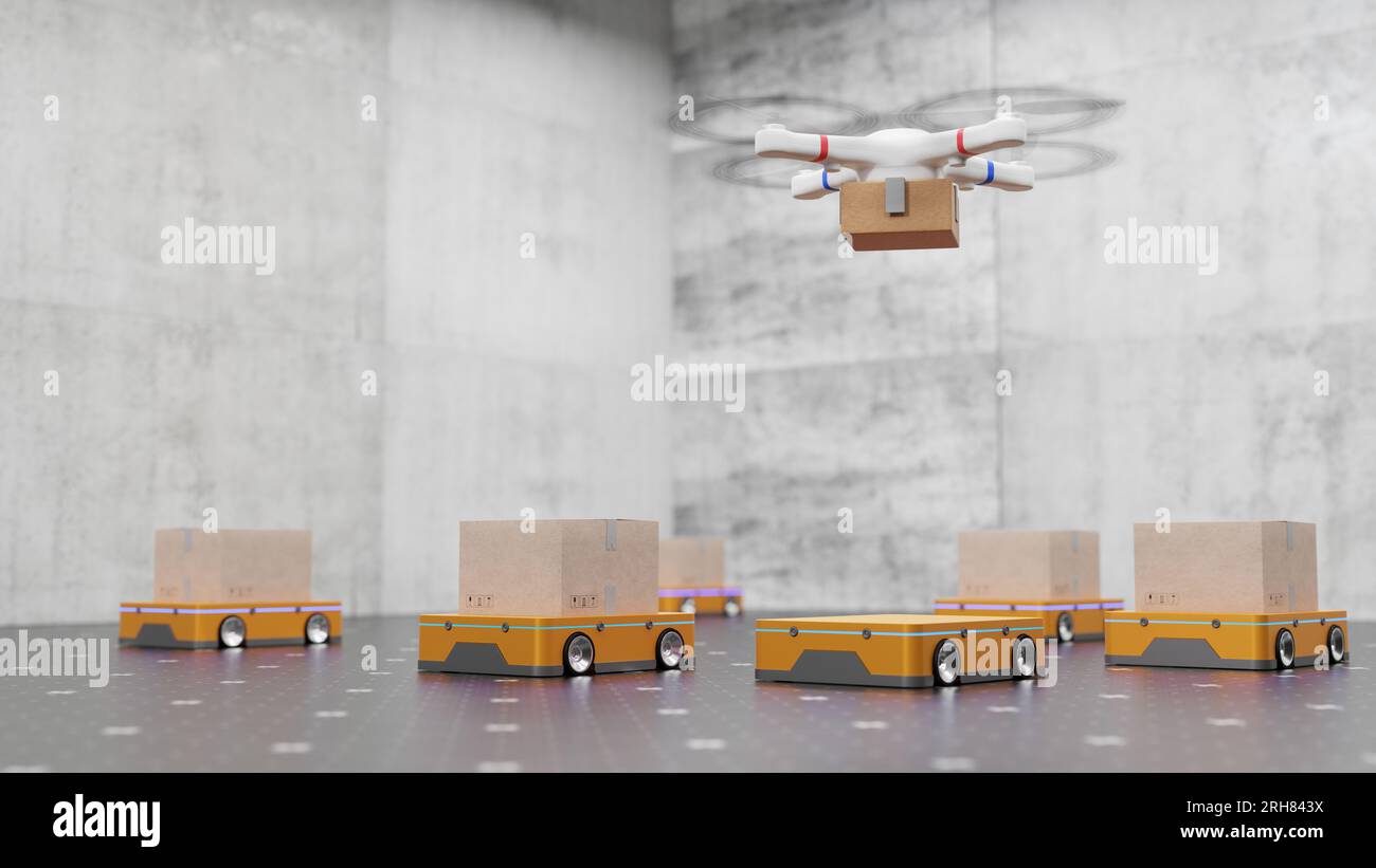 Technologies of the future 3D concept. AGV robots, UAVs delivering ...