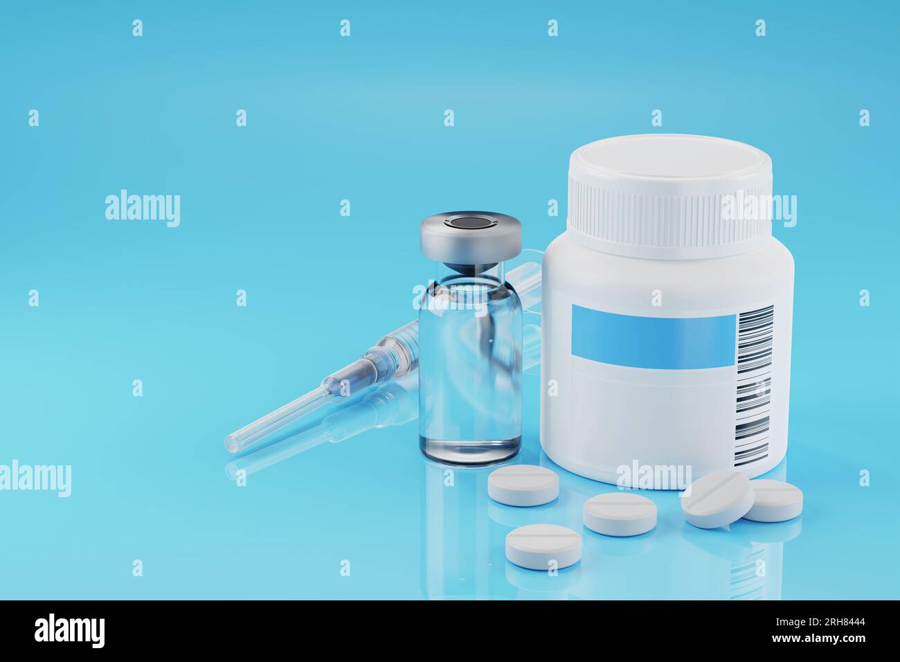 Syringe for injection. Glass ampoule with medicine. Pills with ...