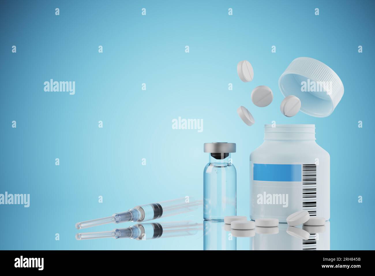Pills with packaging on a blue table. Syringe for injection. Glass ...