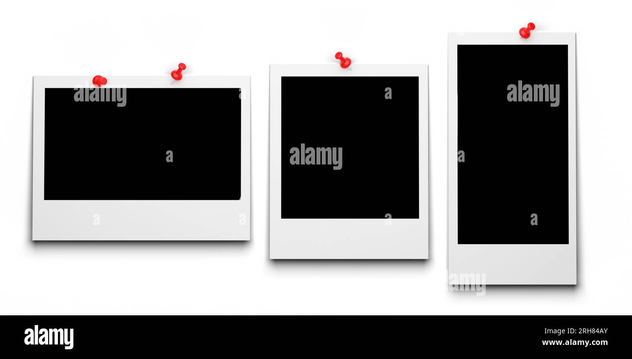 Several photo frames of different sizes, fixed with a pushpin. Empty ...