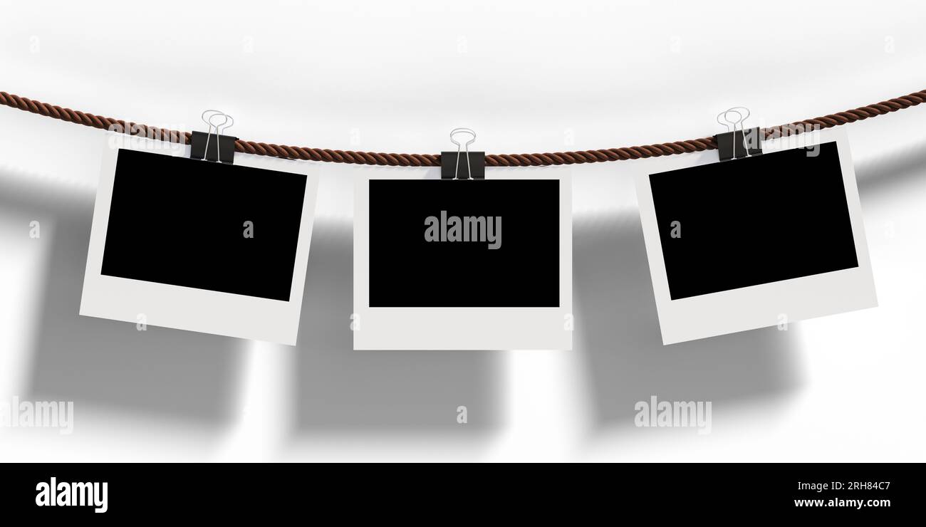 Photo frames 16x9 hang on a rope, fixed with stationery clothespins ...