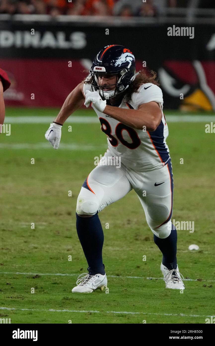Denver Broncos tight end Greg Dulcich (80) lines up during an NFL pre ...