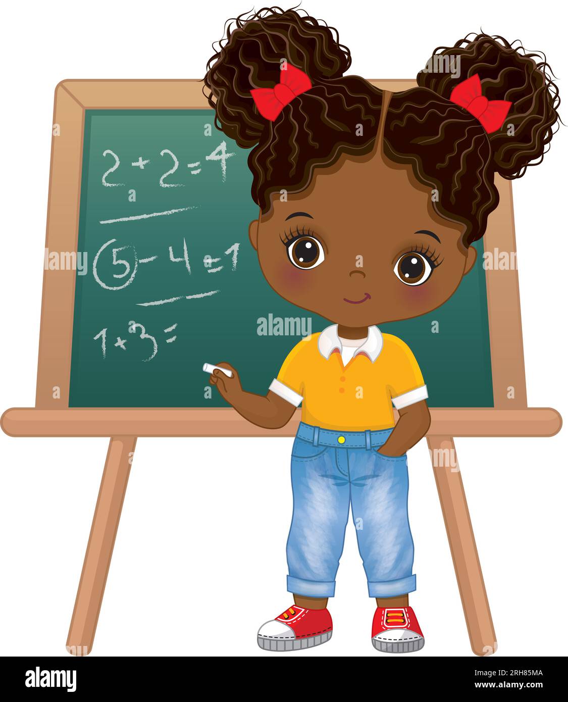 Cute School Afro Girl Standing near Blackboard. Vector Back to School ...