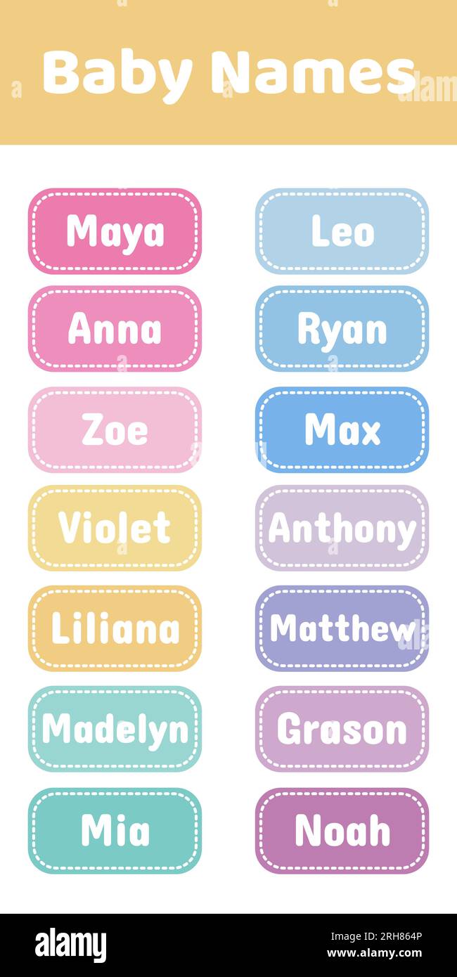 Set of cards with baby names. Labels for a notebook. Name stickers ...
