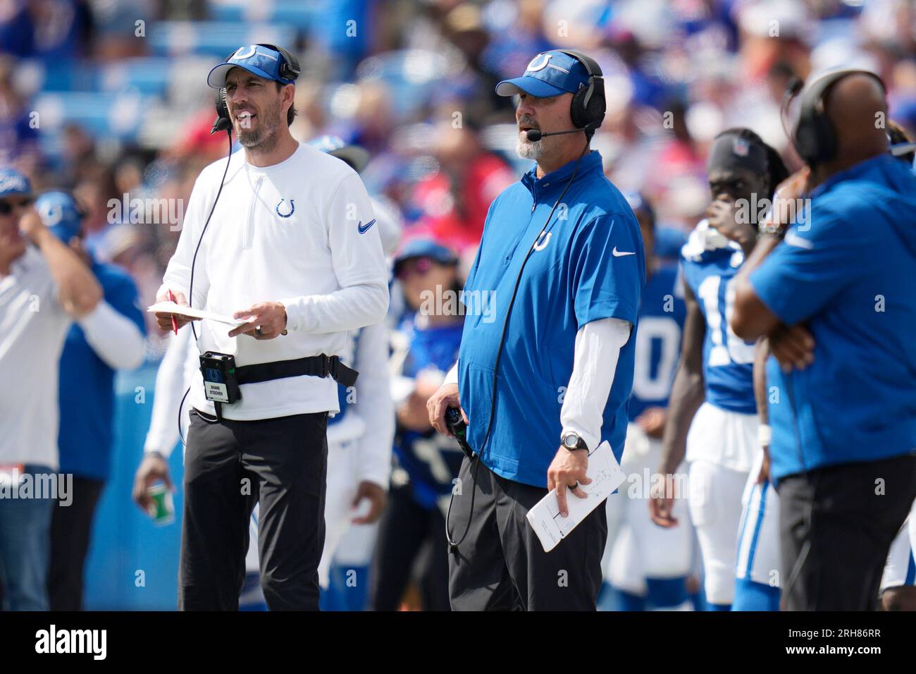 Indianapolis Colts head coach Shane Steichen, left, with offensive ...