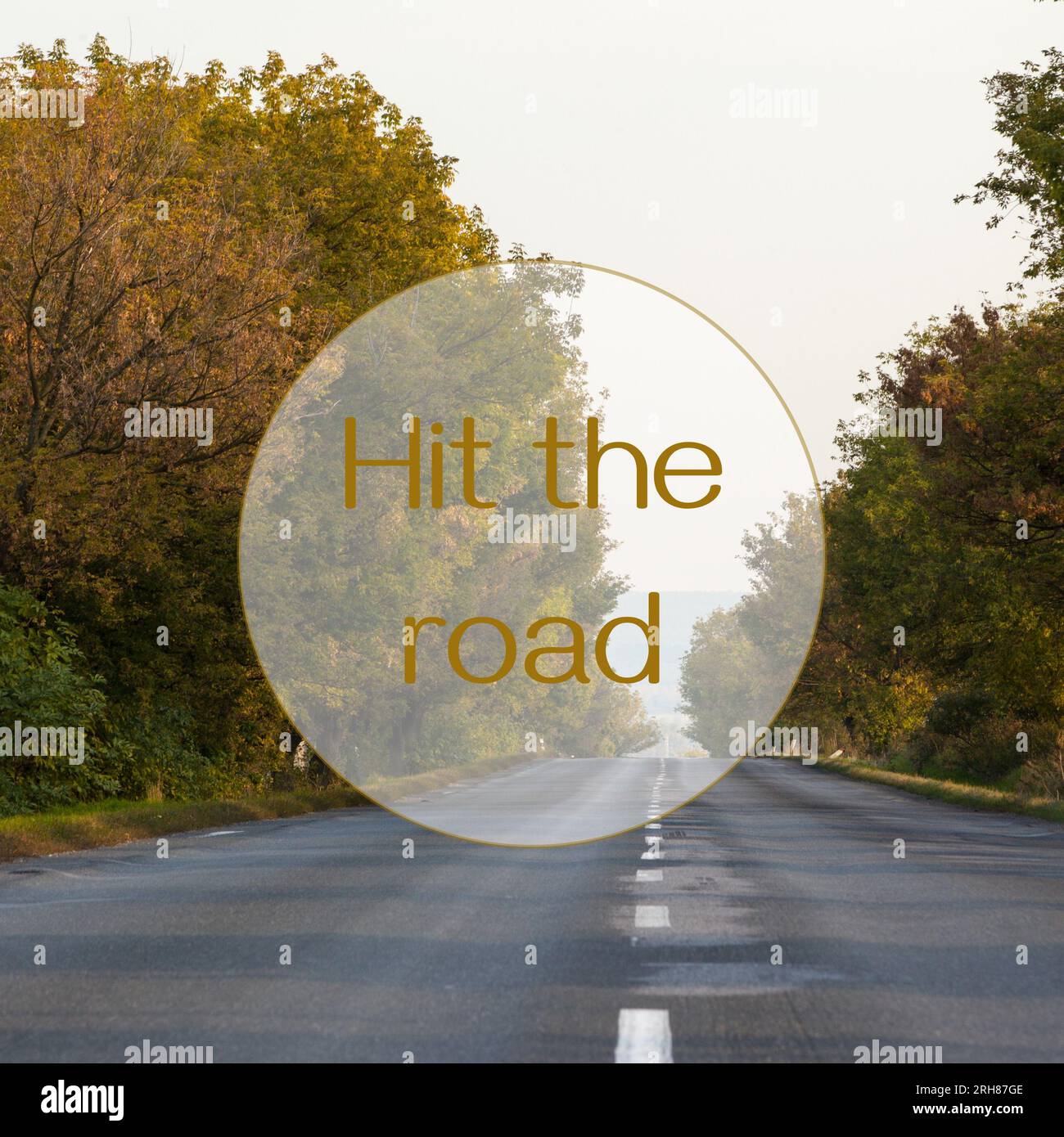 Composite of hit the road text over road and forest landscape Stock ...