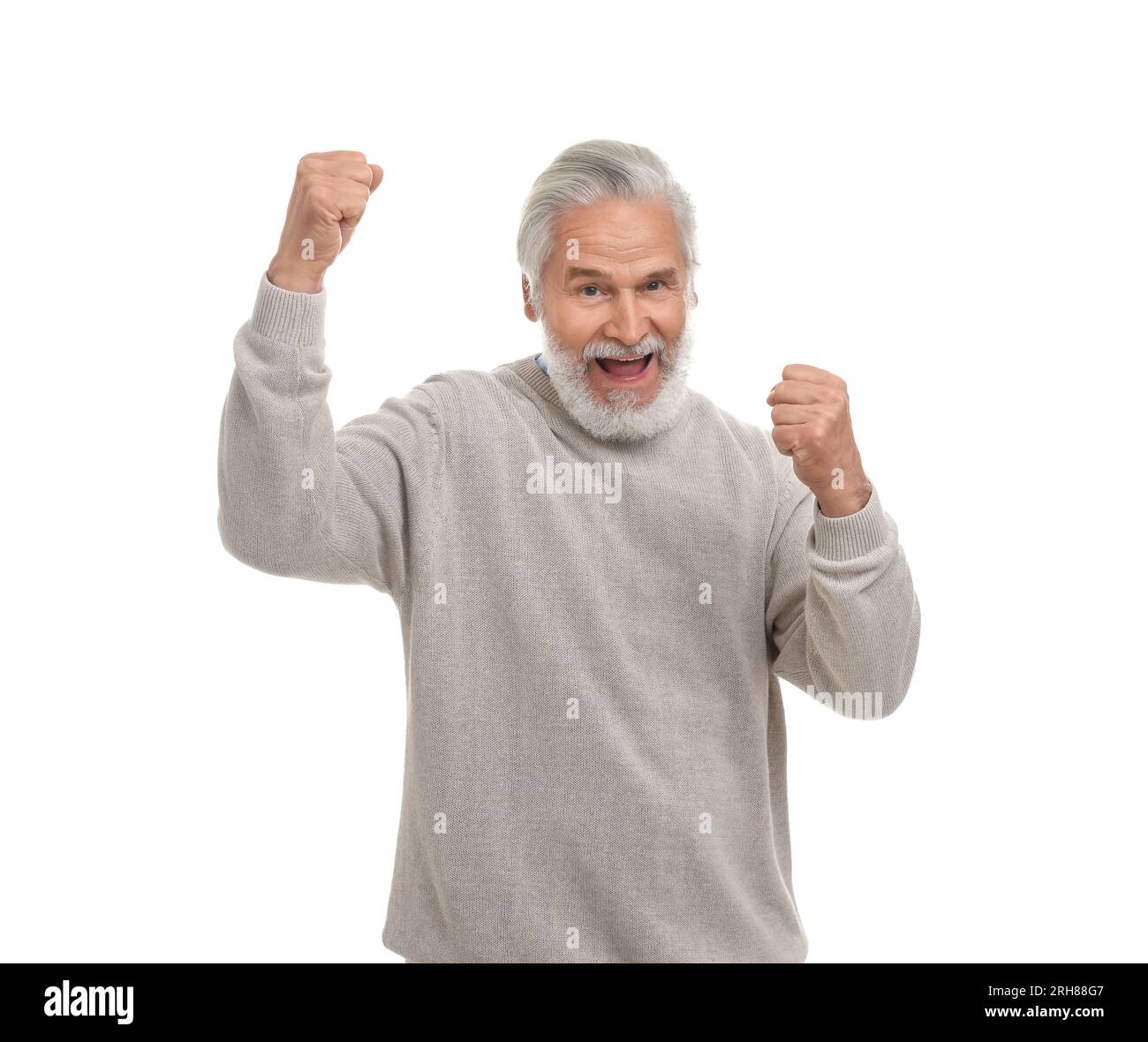 Emotional senior sports fan celebrating isolated on white Stock Photo ...