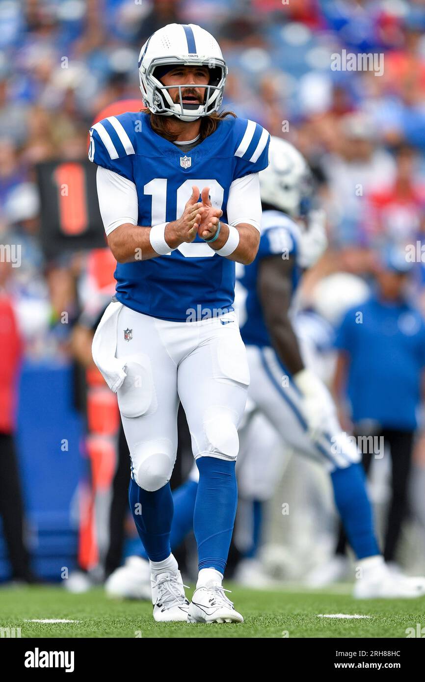 Indianapolis Colts quarterback Gardner Minshew (10) gestures during the first half an NFL ...