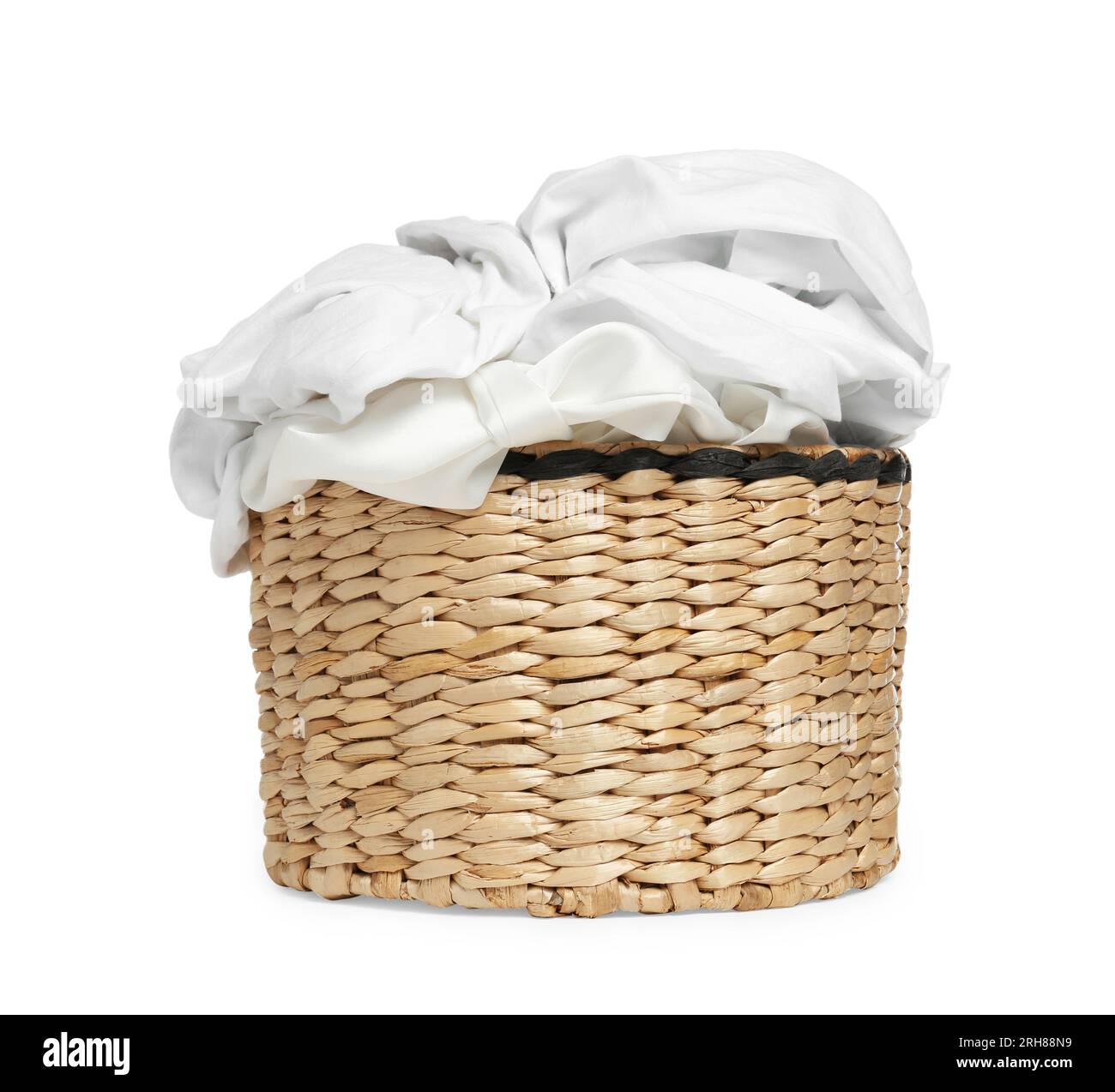 Wicker laundry basket with clean clothes isolated on white Stock Photo ...