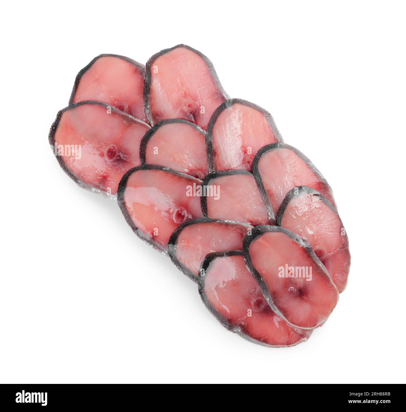 Raw mackerel slices isolated on white, top view. Fish delicacy Stock ...