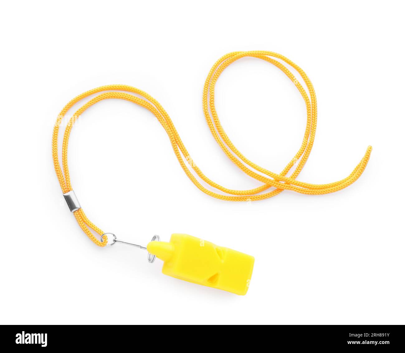 One yellow whistle with orange cord isolated on white, top view Stock ...