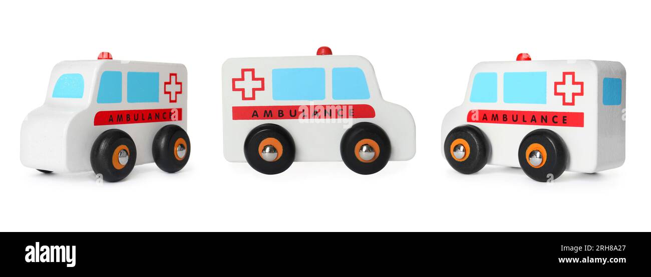 Ambulance isolated on white, different angles. Collage design with ...