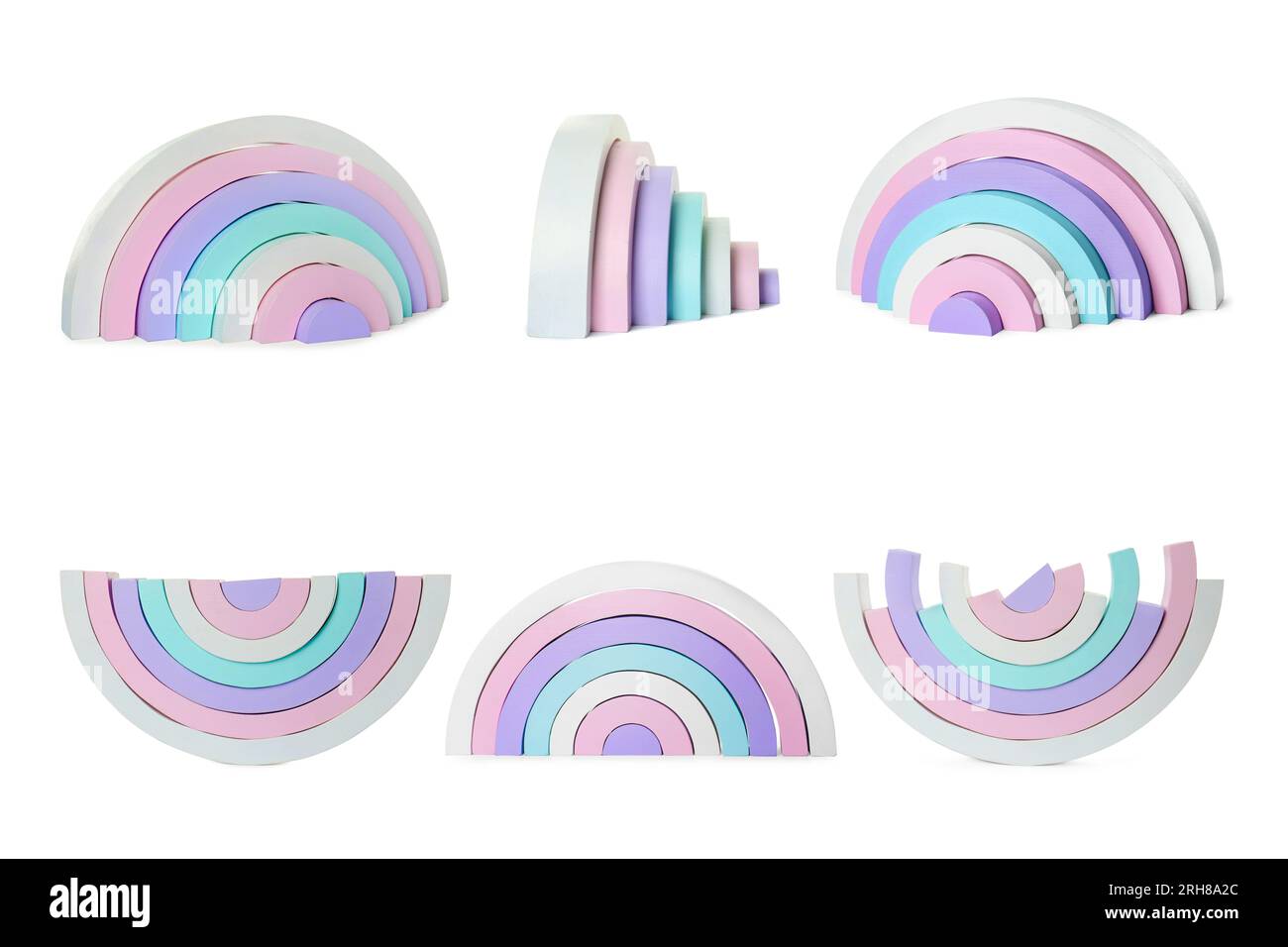 Rainbow in pastel colors isolated on white, different angles. Collage ...