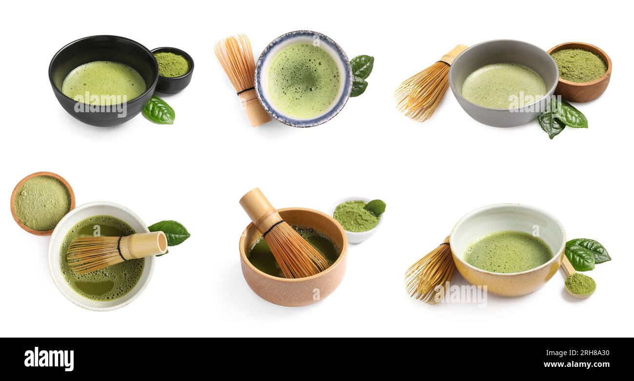 Collage with green matcha tea in bowls on white background Stock Photo ...