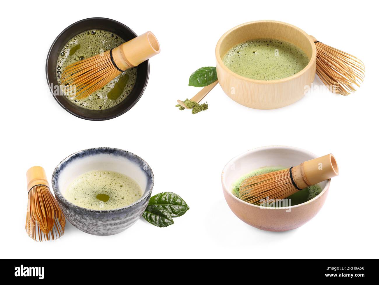 Collage with green matcha tea in bowls on white background Stock Photo ...