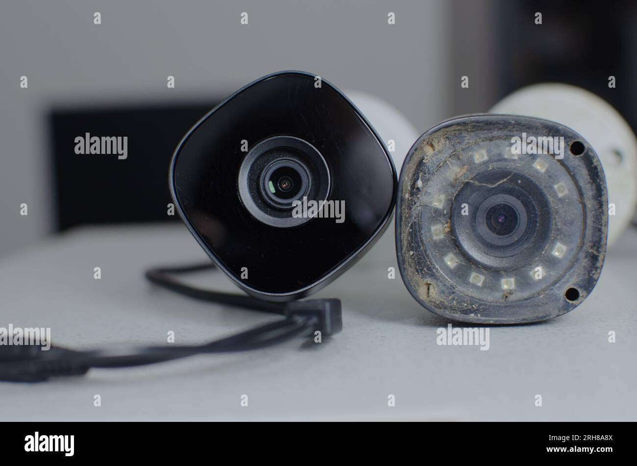 Detail of an old security camera and dust cover, representing the ...