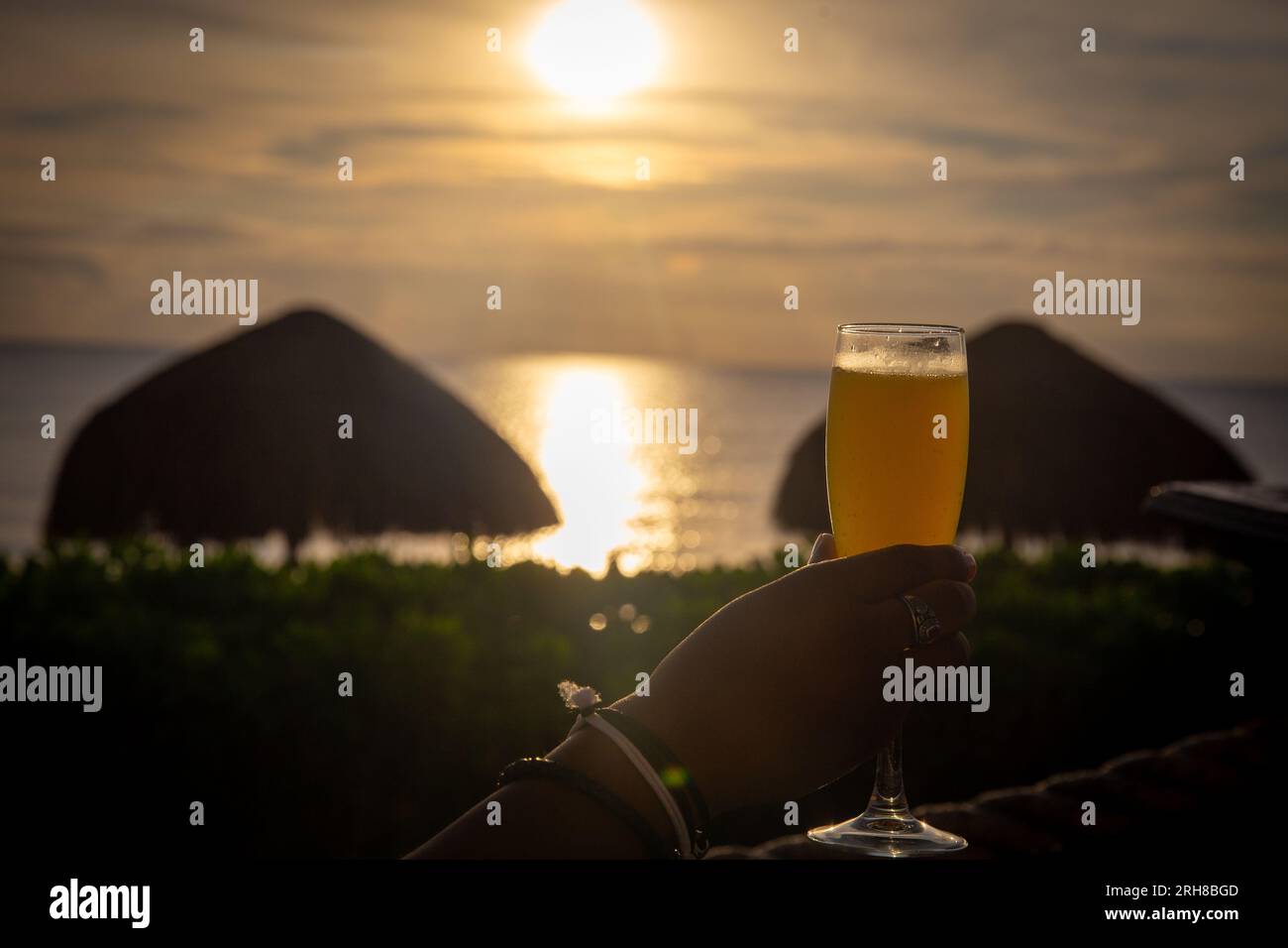 Single woman doing cheers to herself in the morning Stock Photo - Alamy