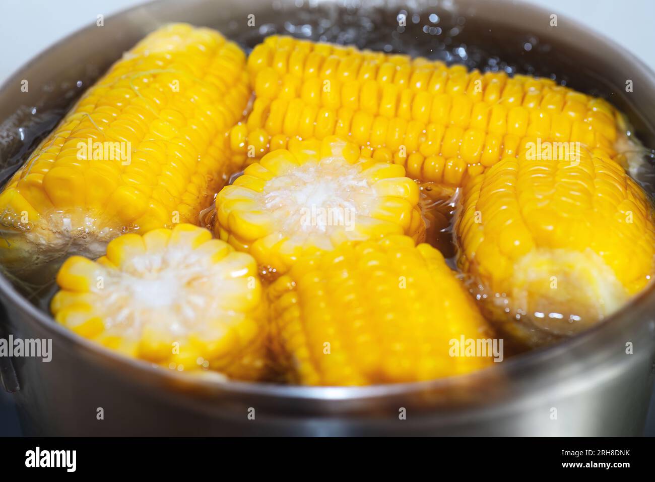 Boiled corn on the cob in a pot of boiling water Stock Photo - Alamy