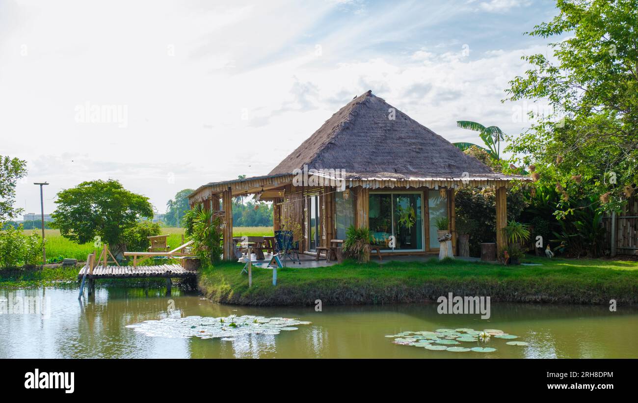 Bamboo hut homestay farm with Green rice paddy fields in Central ...