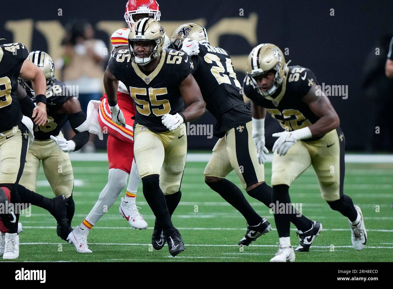New Orleans Saints defensive end Isaiah Foskey (55) runs off the line ...