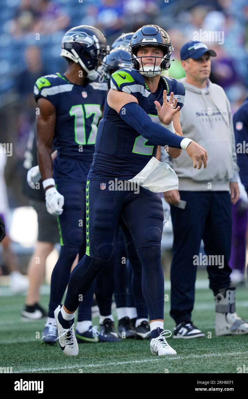 Seattle Seahawks quarterback Drew Lock (2) passes the ball before an ...