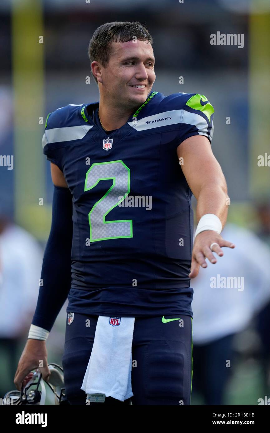 Seattle Seahawks quarterback Drew Lock (2) looks on before an NFL pre ...
