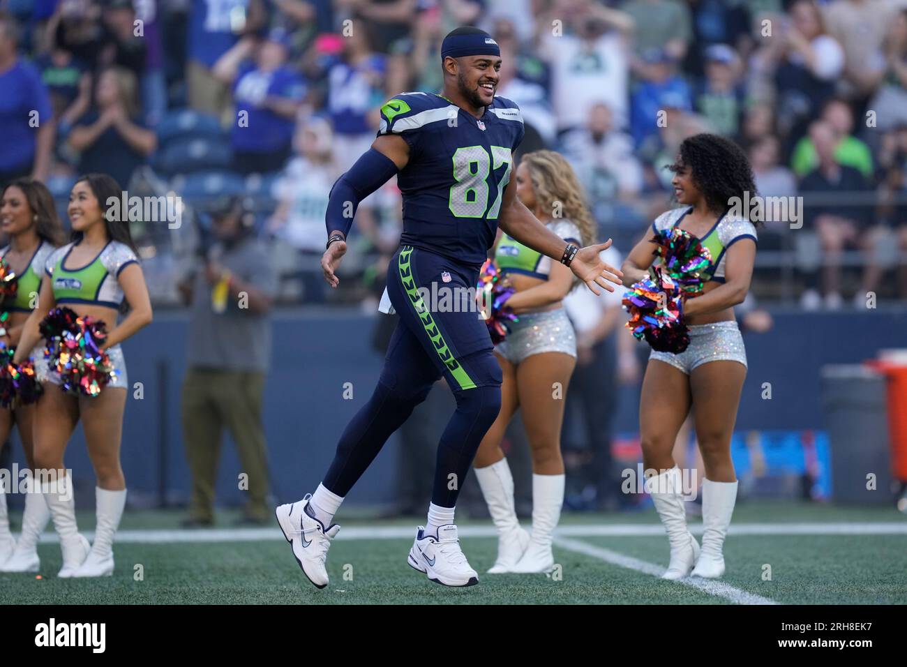 Seattle Seahawks tight end Noah Fant (87) runs out on to the field ...