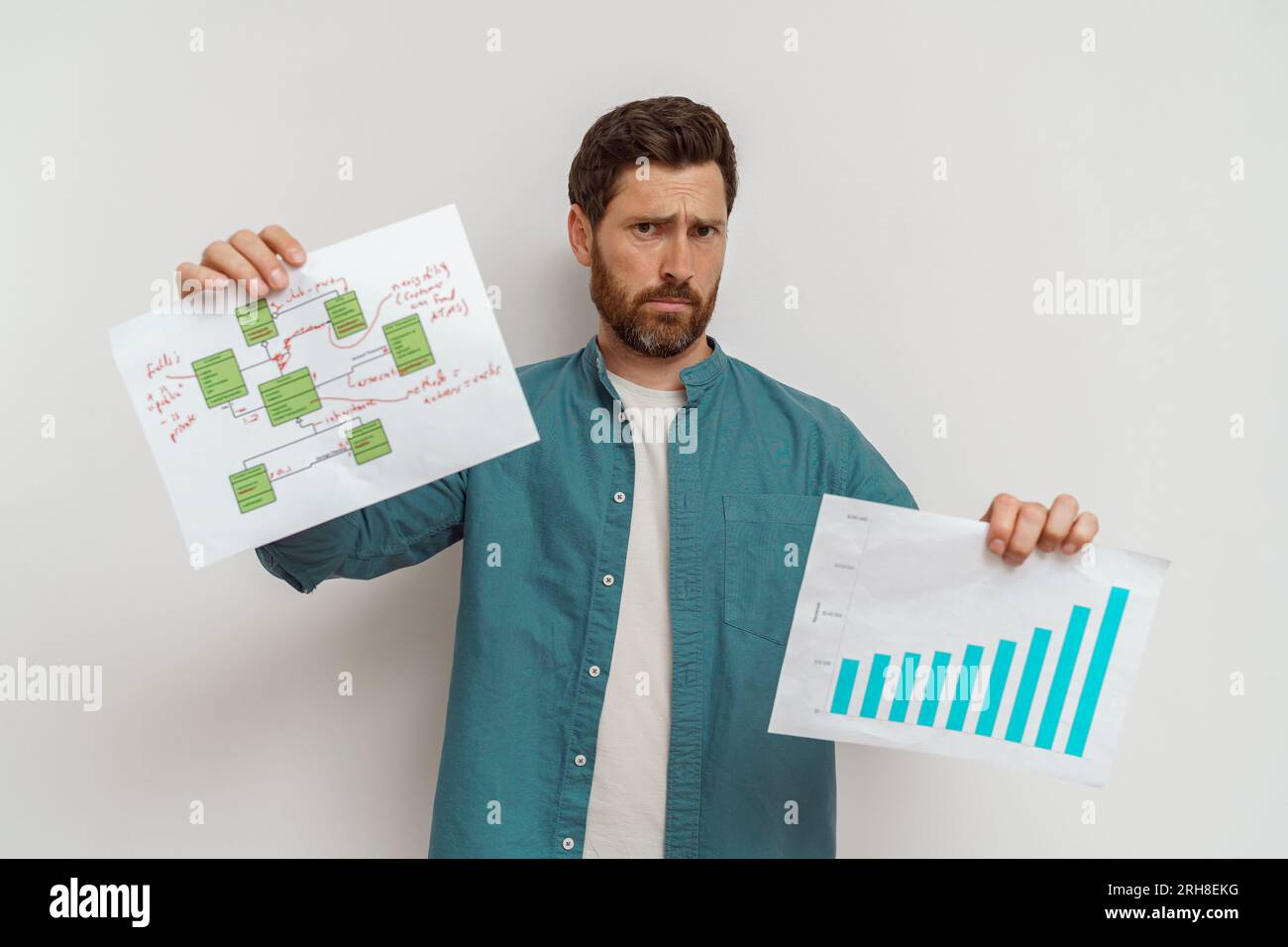 Sad businessman or salesman showing his charts sales and business plan ...