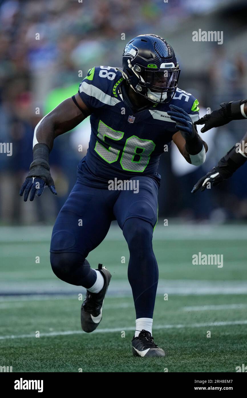 Seattle Seahawks linebacker Derick Hall (58) gets set during an NFL pre ...
