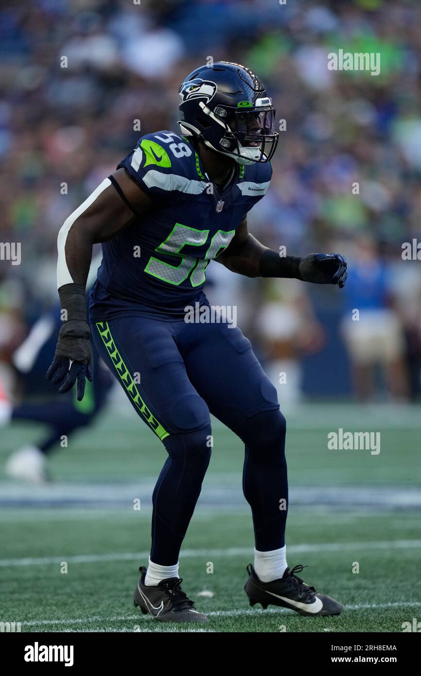 Seattle Seahawks linebacker Derick Hall (58) gets set during an NFL pre ...