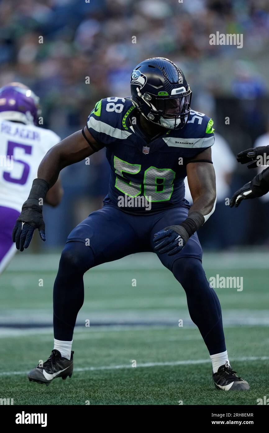 Seattle Seahawks linebacker Derick Hall (58) gets set during an NFL pre ...