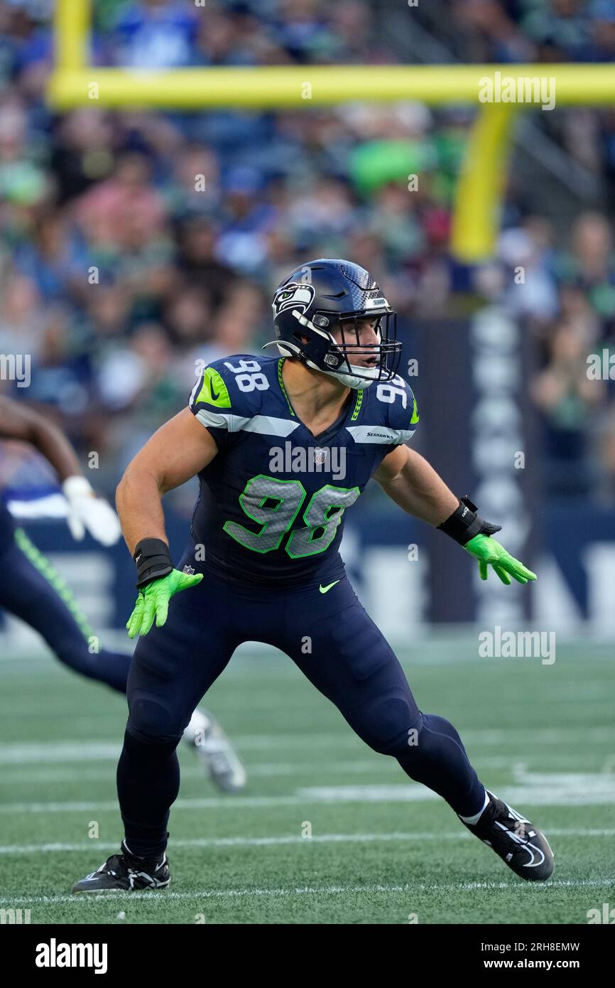 Seattle Seahawks linebacker Levi Bell (98) gets set during an NFL pre ...