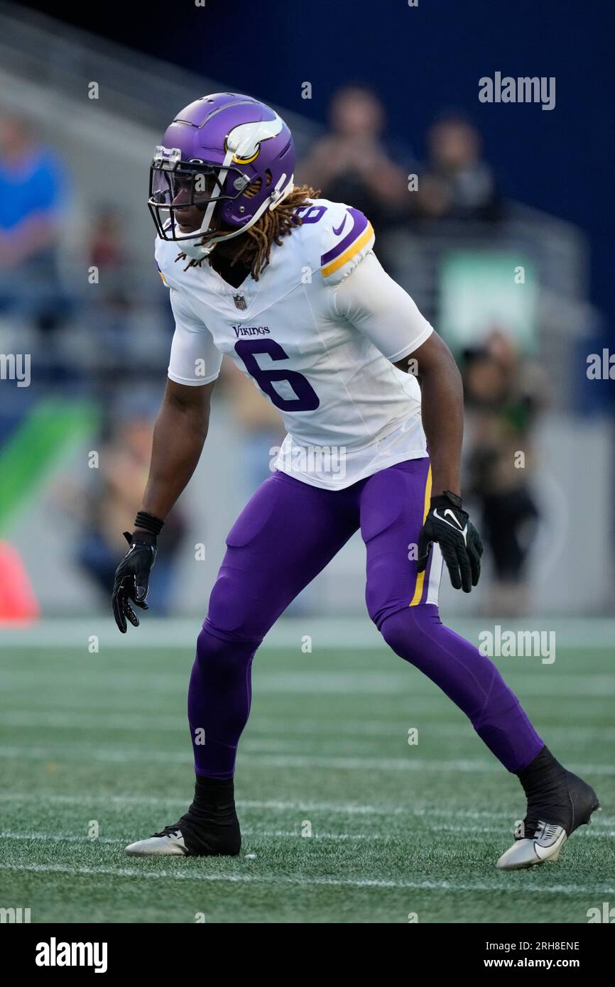 Minnesota Vikings safety Lewis Cine (6) gets set during an NFL pre ...