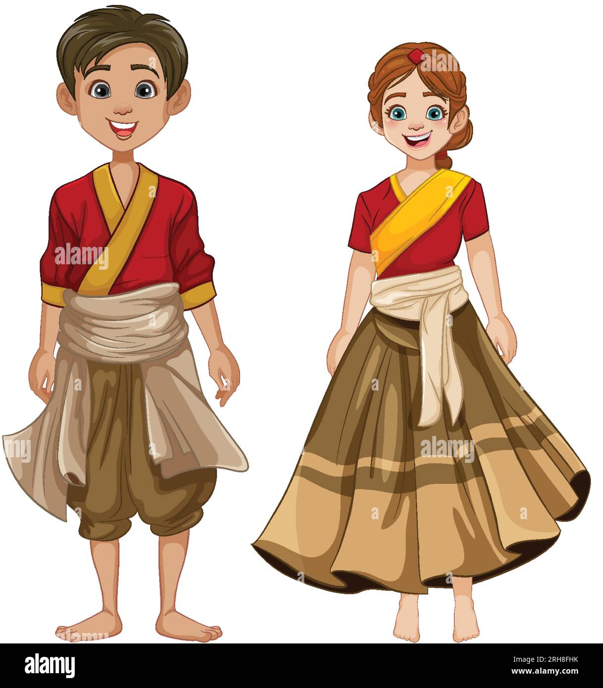 A vibrant cartoon-style illustration of a man and woman in traditional ...