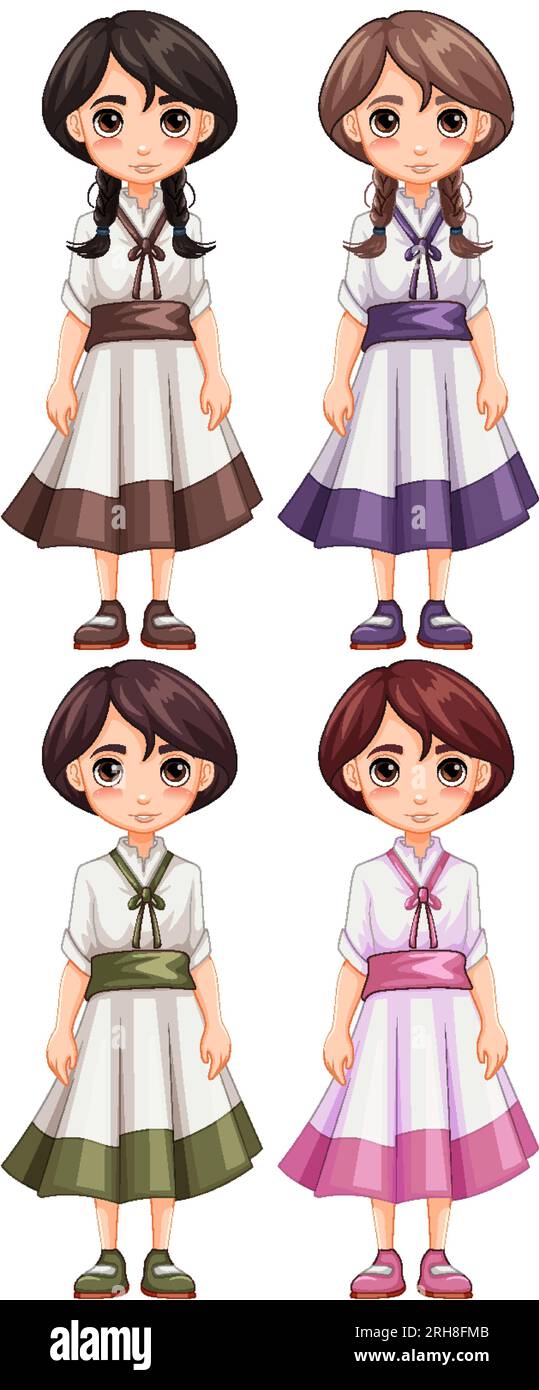 A cartoon illustration of a cute woman wearing traditional Asian dress ...