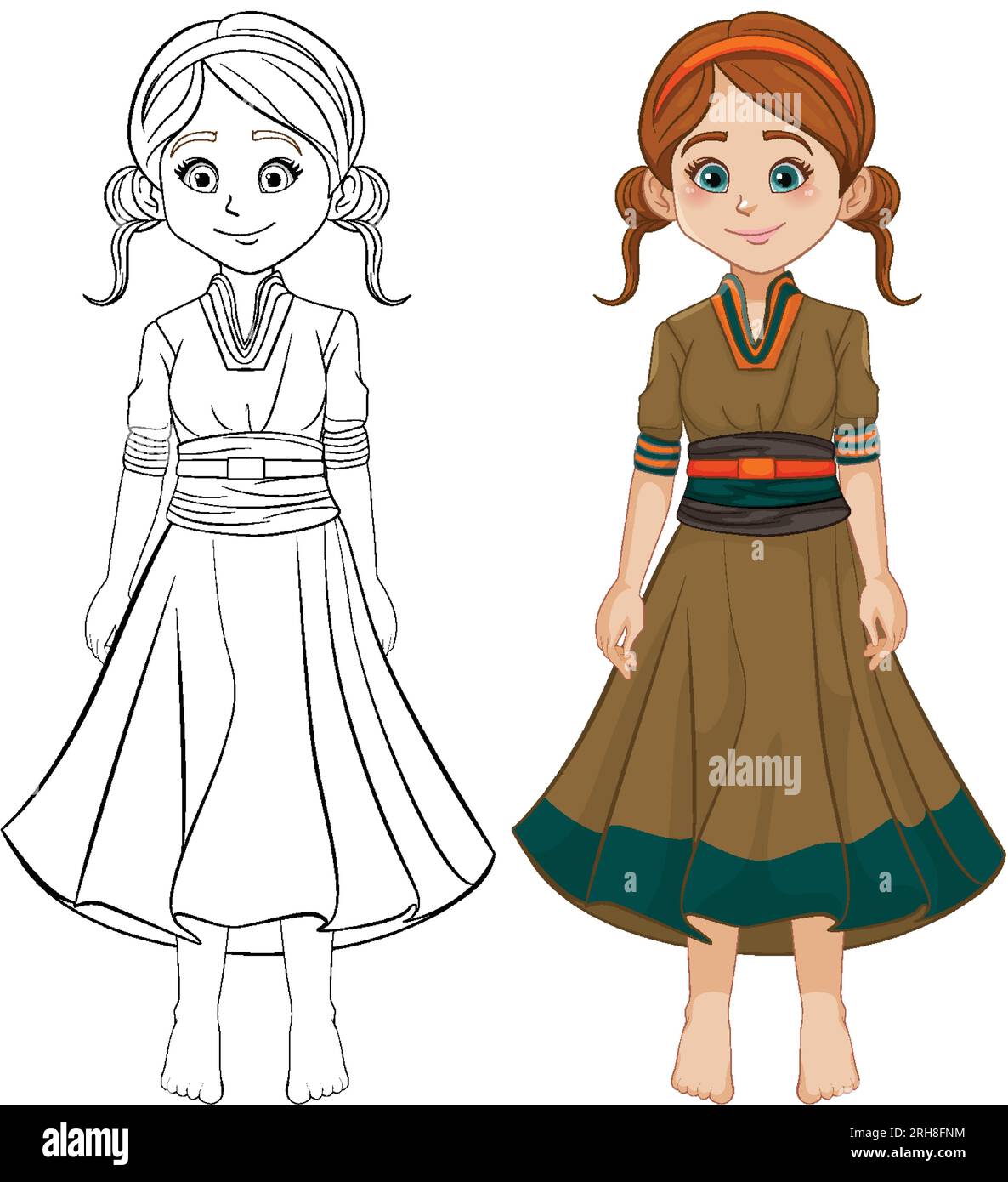 Vector cartoon illustration of a cute woman in a beautiful traditional ...