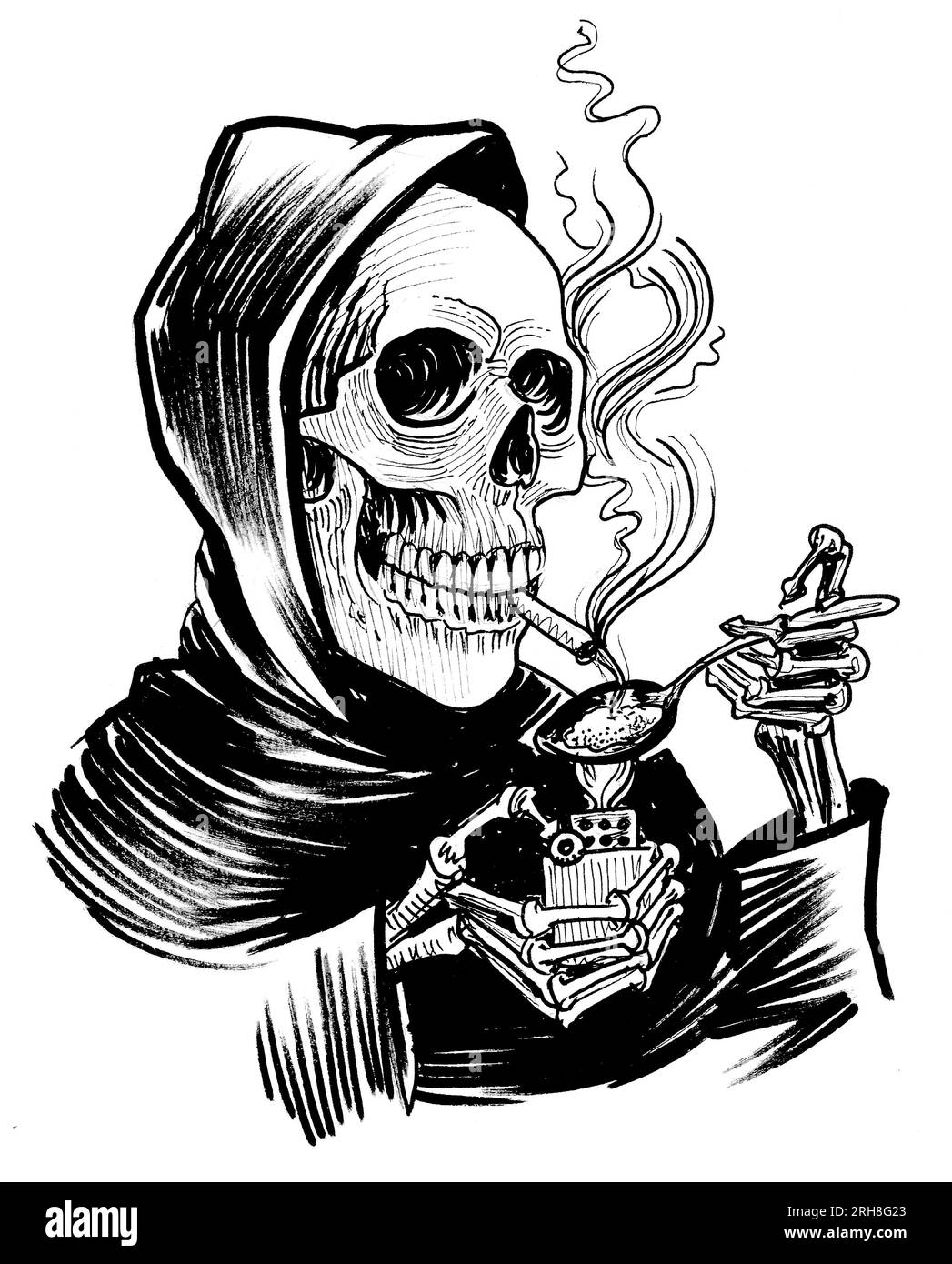 Dead drug addict preparing a drug dose. Hand-drawn retro styled ink ...