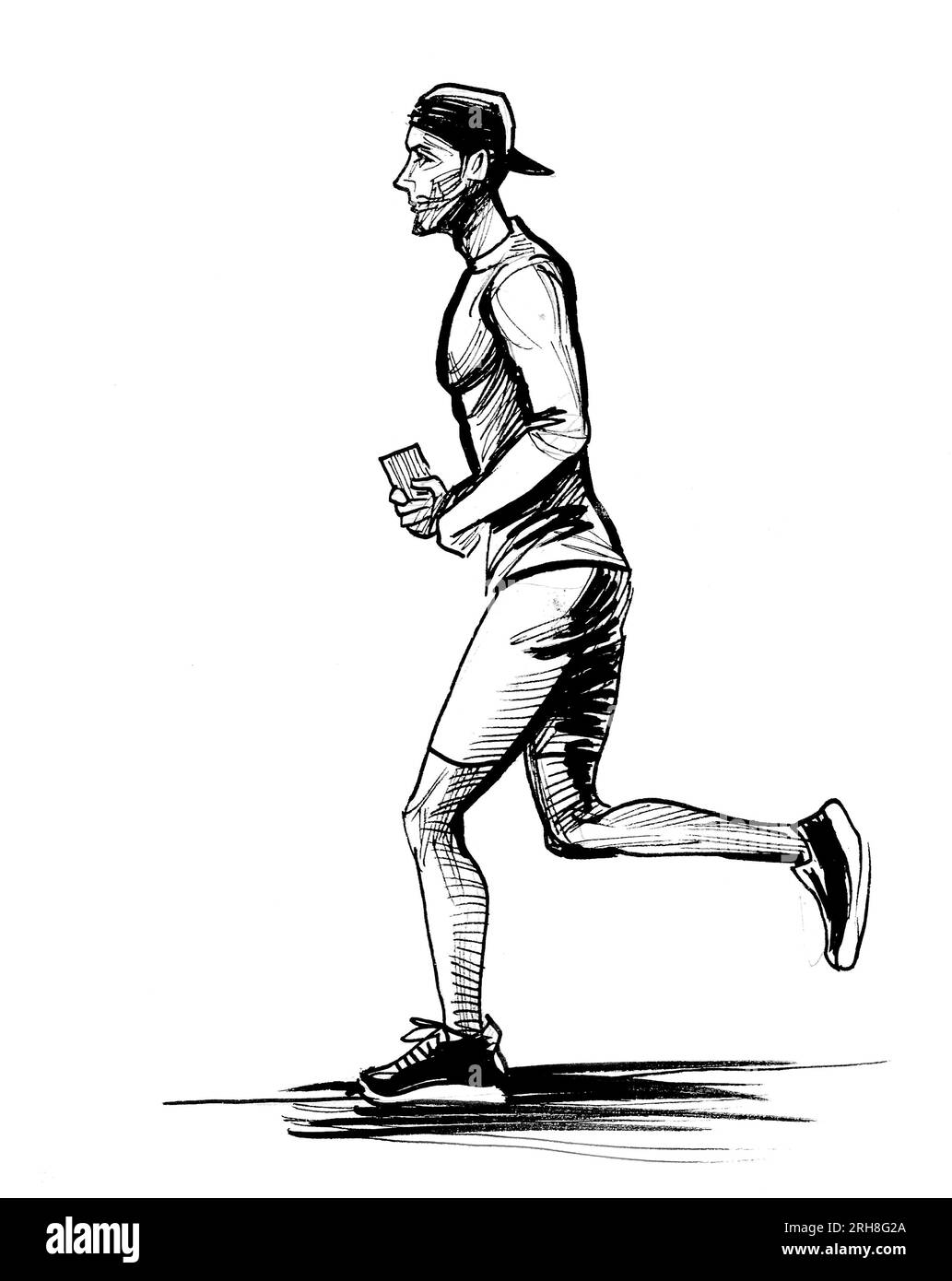 Jogging young man. Hand-drawn retro styled ink black and white drawing ...