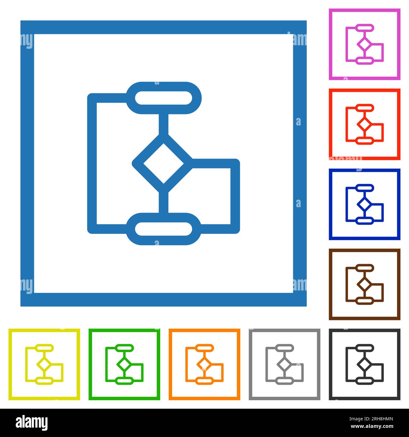 Flow chart outline flat color icons in square frames on white ...