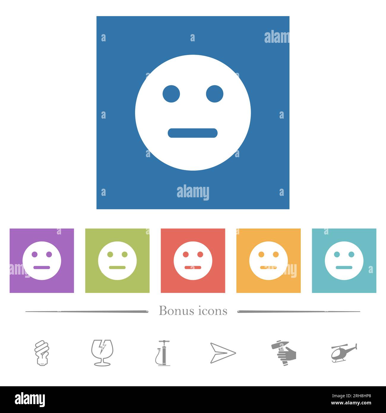 Neutral emoticon solid flat white icons in square backgrounds. 6 bonus ...