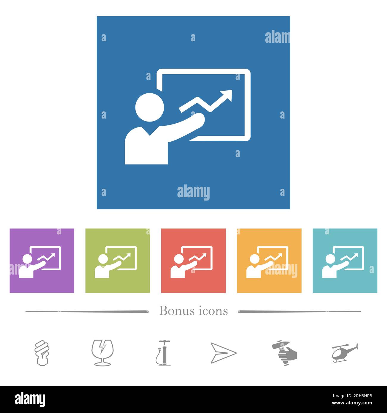 Presentation flat white icons in square backgrounds. 6 bonus icons ...