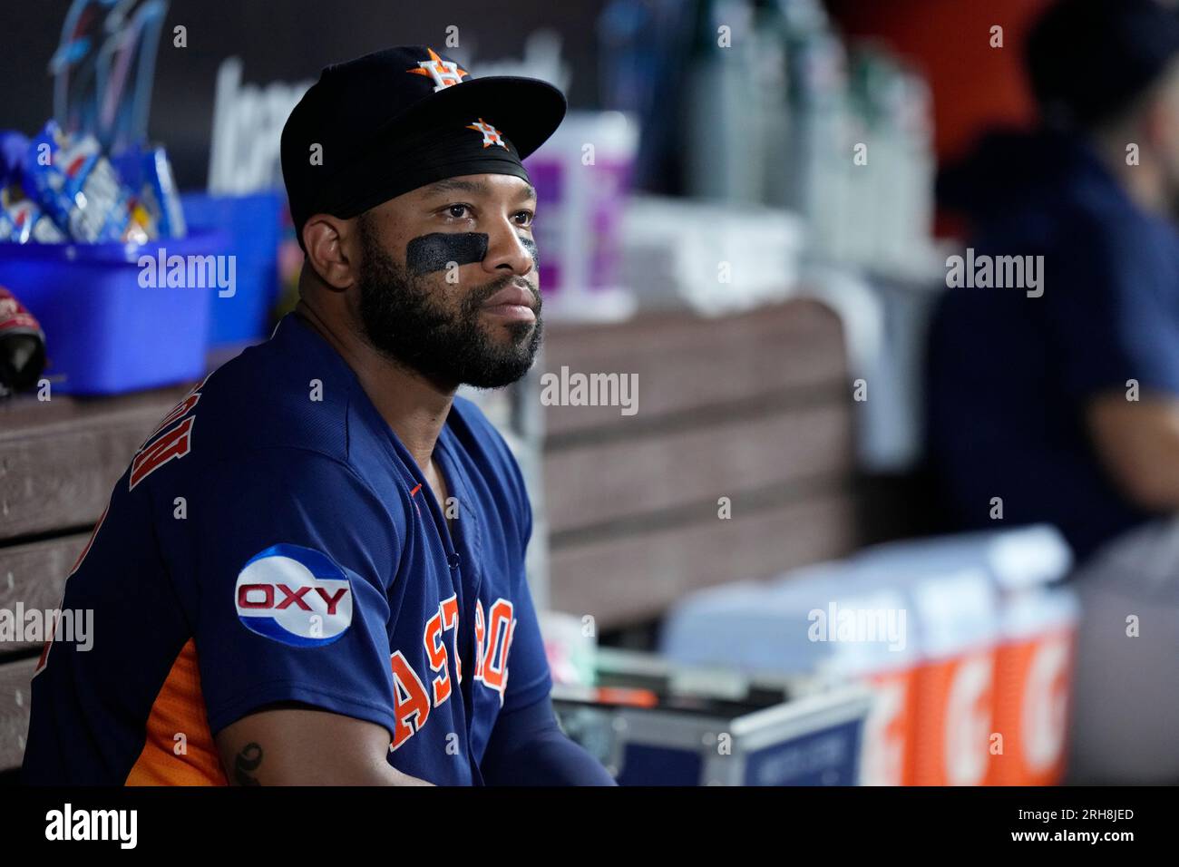 Houston Astros' Jon Singleton looks out from the dugout before the ...