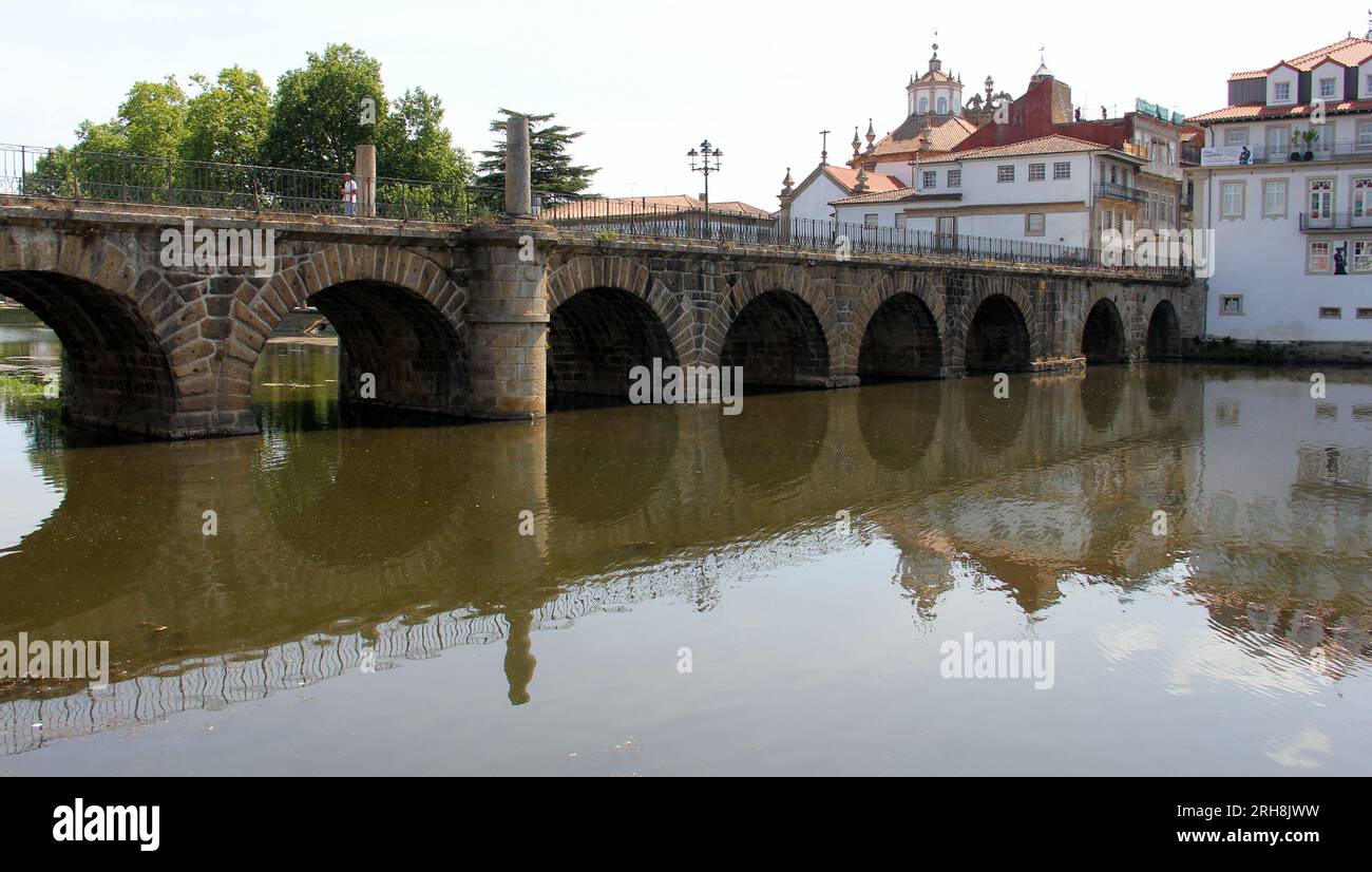 Roman bridge of Emperor Trajan crossing the Tamega river, medieval and ...