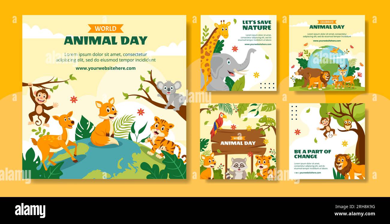 World Animal Day Social Media Post Flat Cartoon Hand Drawn Templates ...